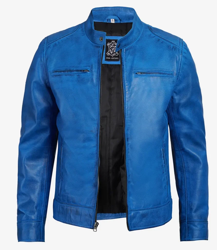 Mens Blue Lambskin Leather Cafe Racer Jacket - Prime Leather