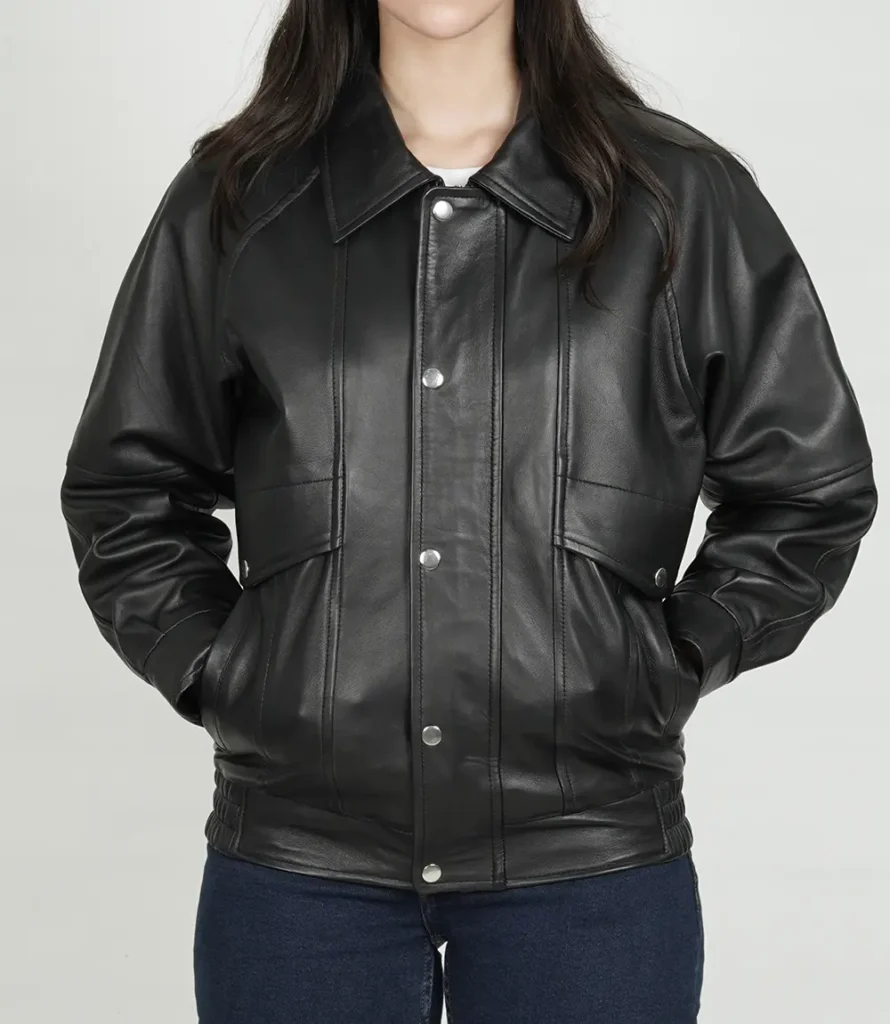 Womens Black Oversized Bomber Leather Jacket - Prime Leather